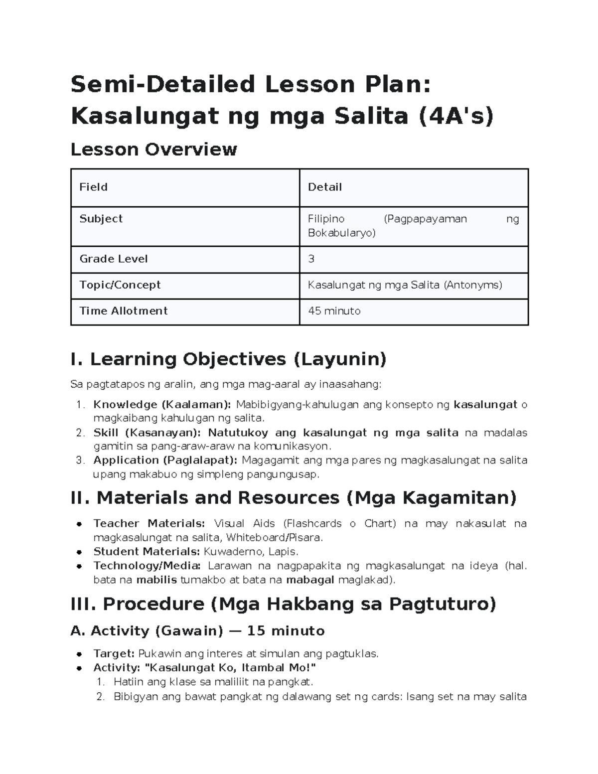 LP Filipino 3: Kasalungat ng mga Salita Lesson Plan - Studocu