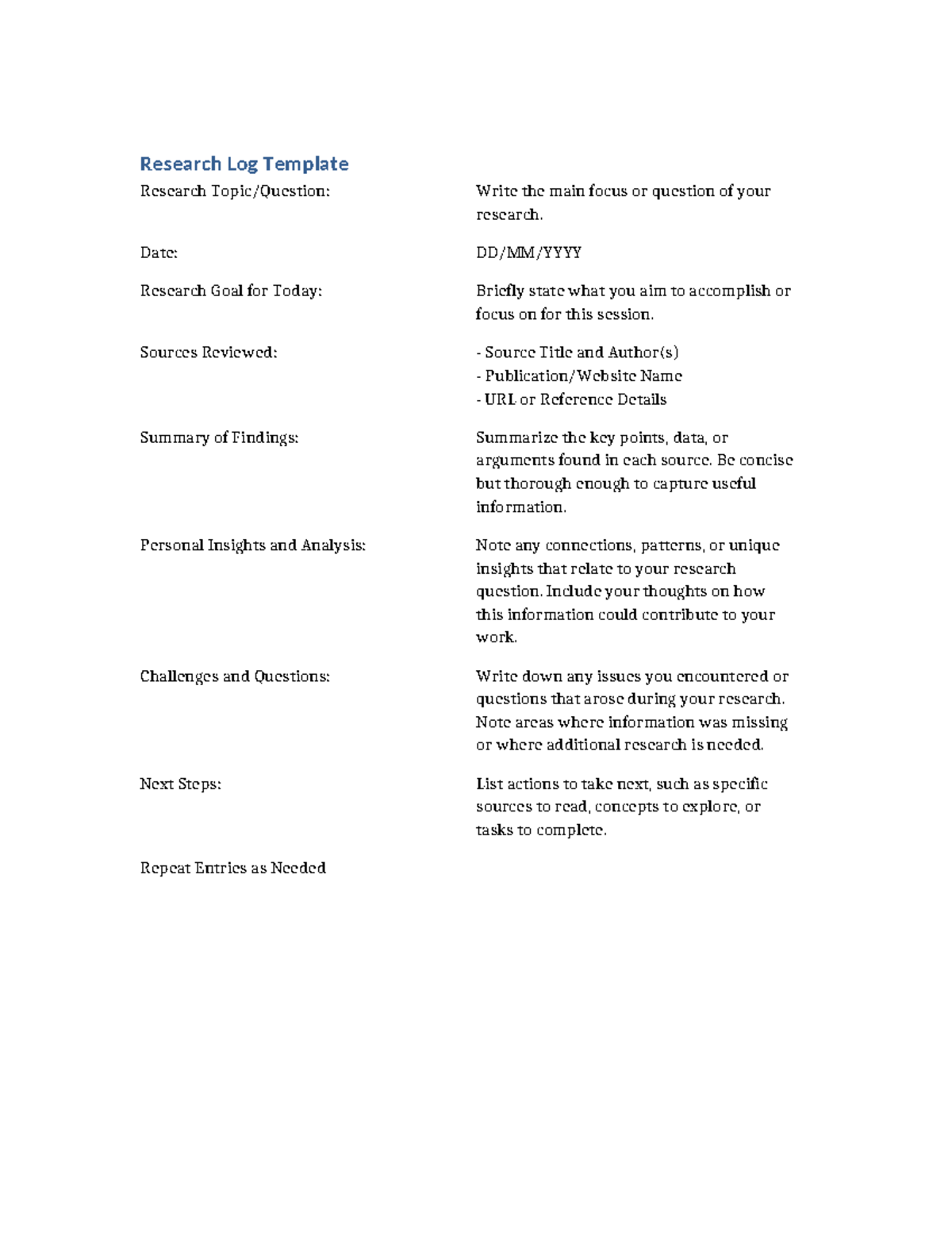 Research Log Template Table - Research Log Template Research Topic ...