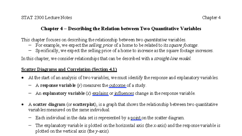 STAT 2300 Lecture Notes: Chapter 4 - Relationships Between Quantitative ...