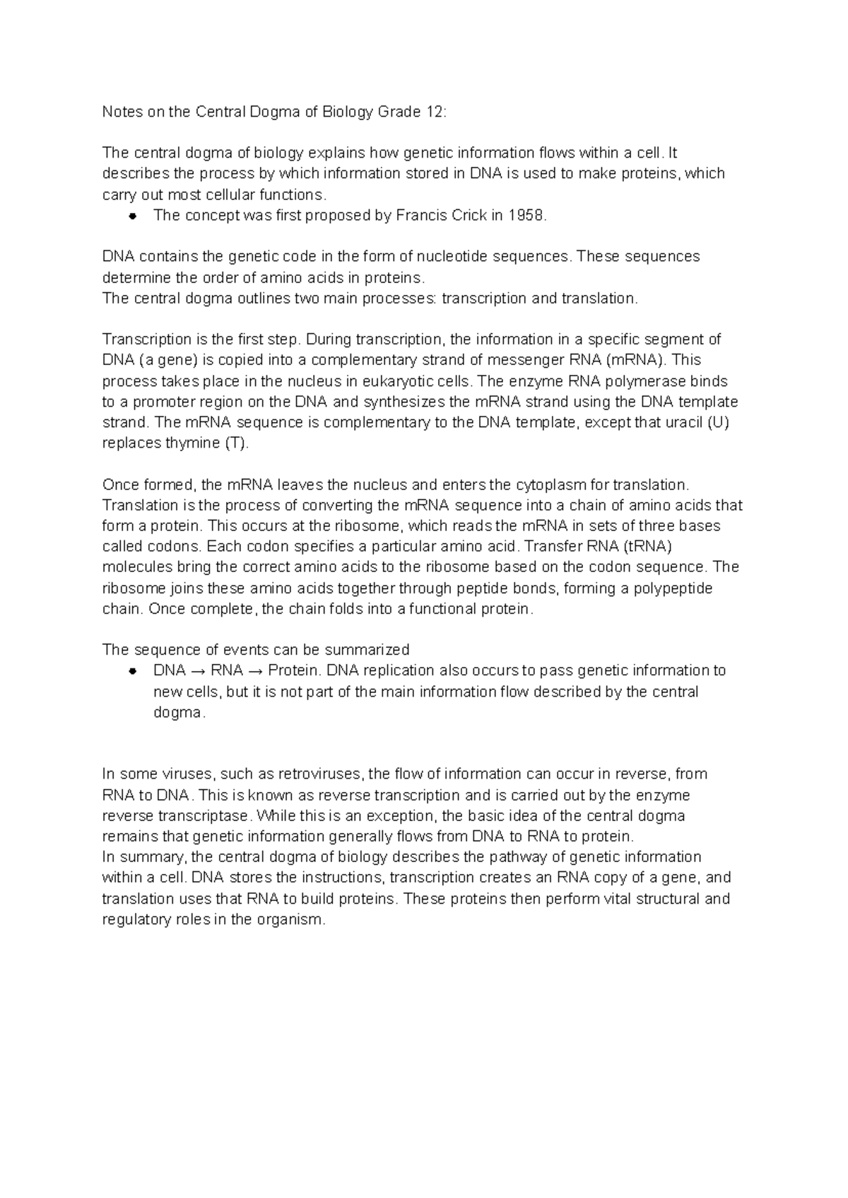 Central Dogma of Biology Notes - Grade 12 Overview - Studocu