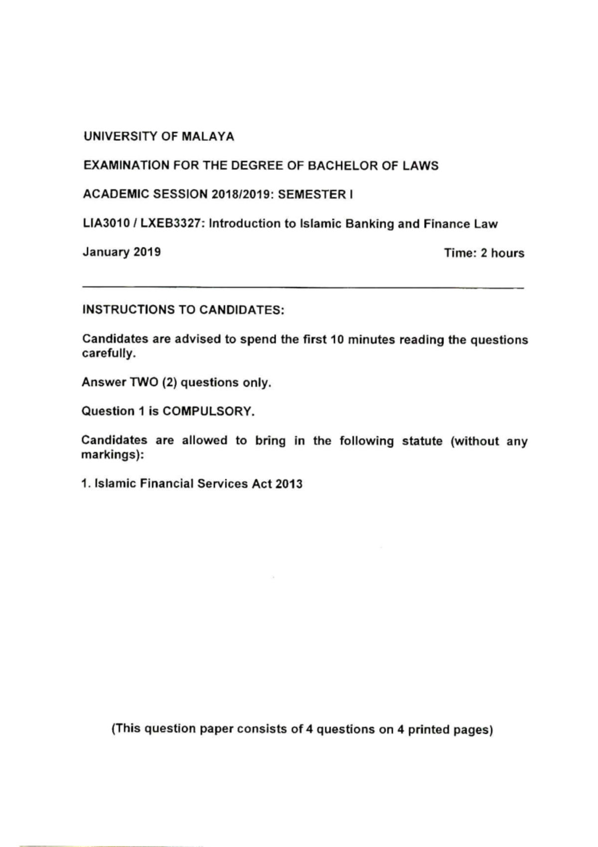 LIA3010 LXEB3327: IBF 2019 - Islamic Banking & Finance Exam Paper - Studocu