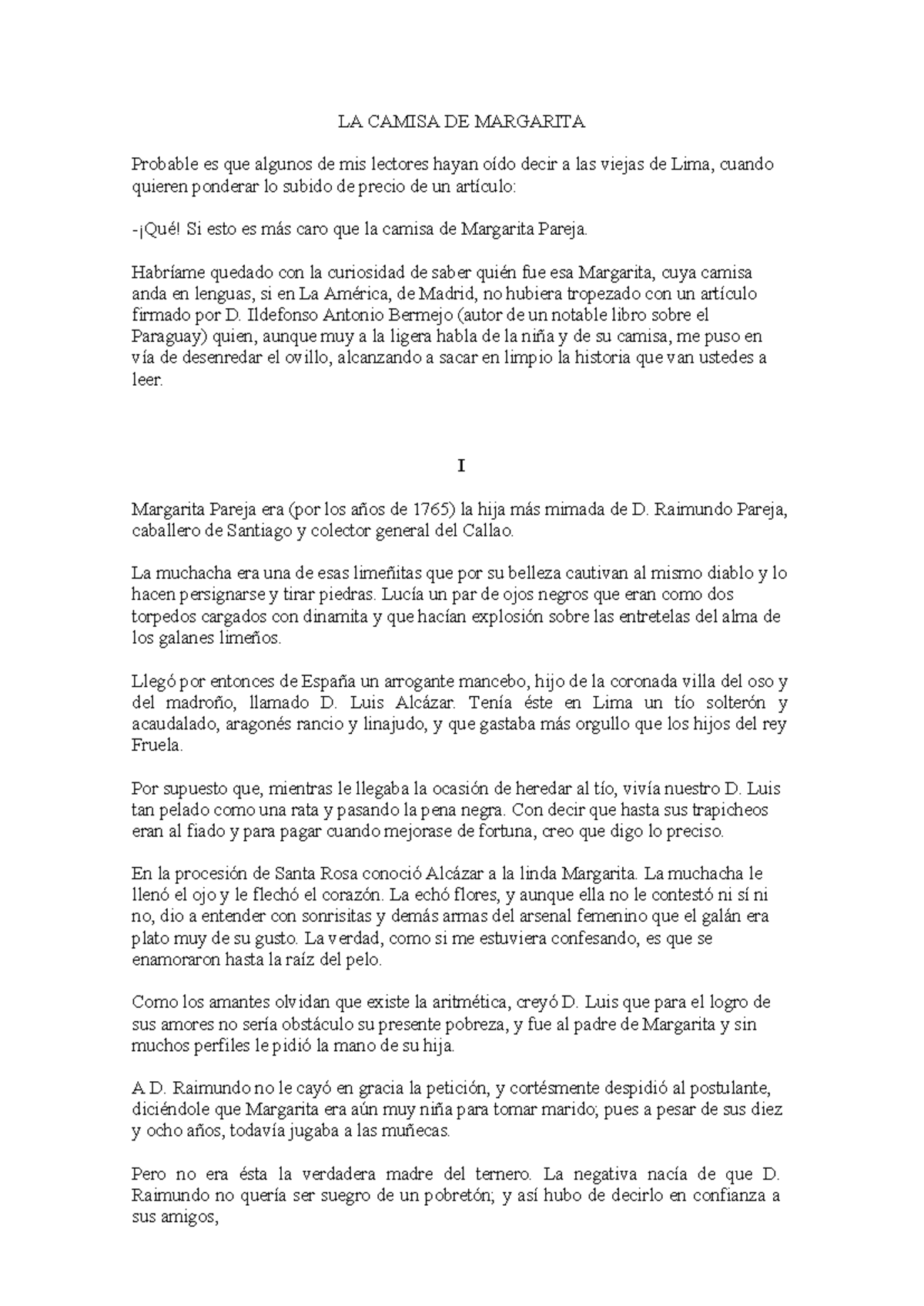 LA CAMISA DE MARGARITA: Análisis de la Tradición de Ricardo Palma - Studocu