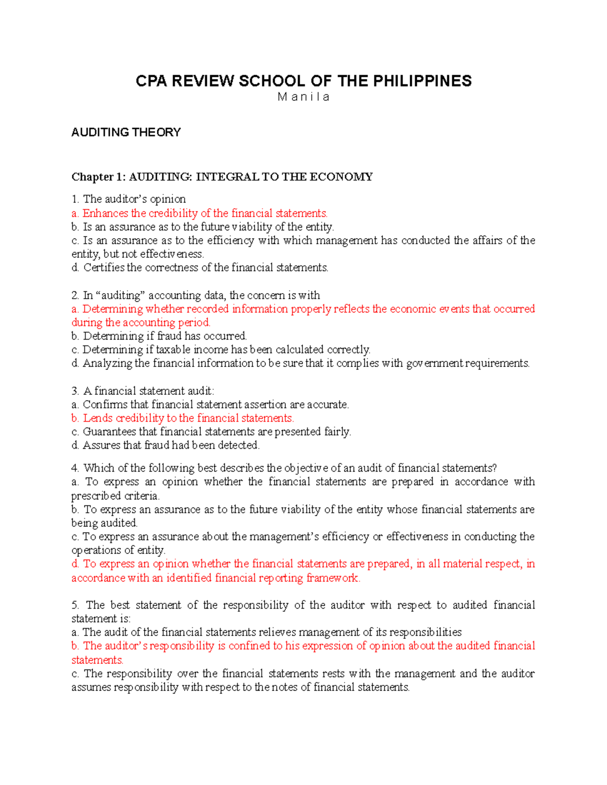CPAR Auditing Theory - Practice Questions Review for CPA Exam - Studocu