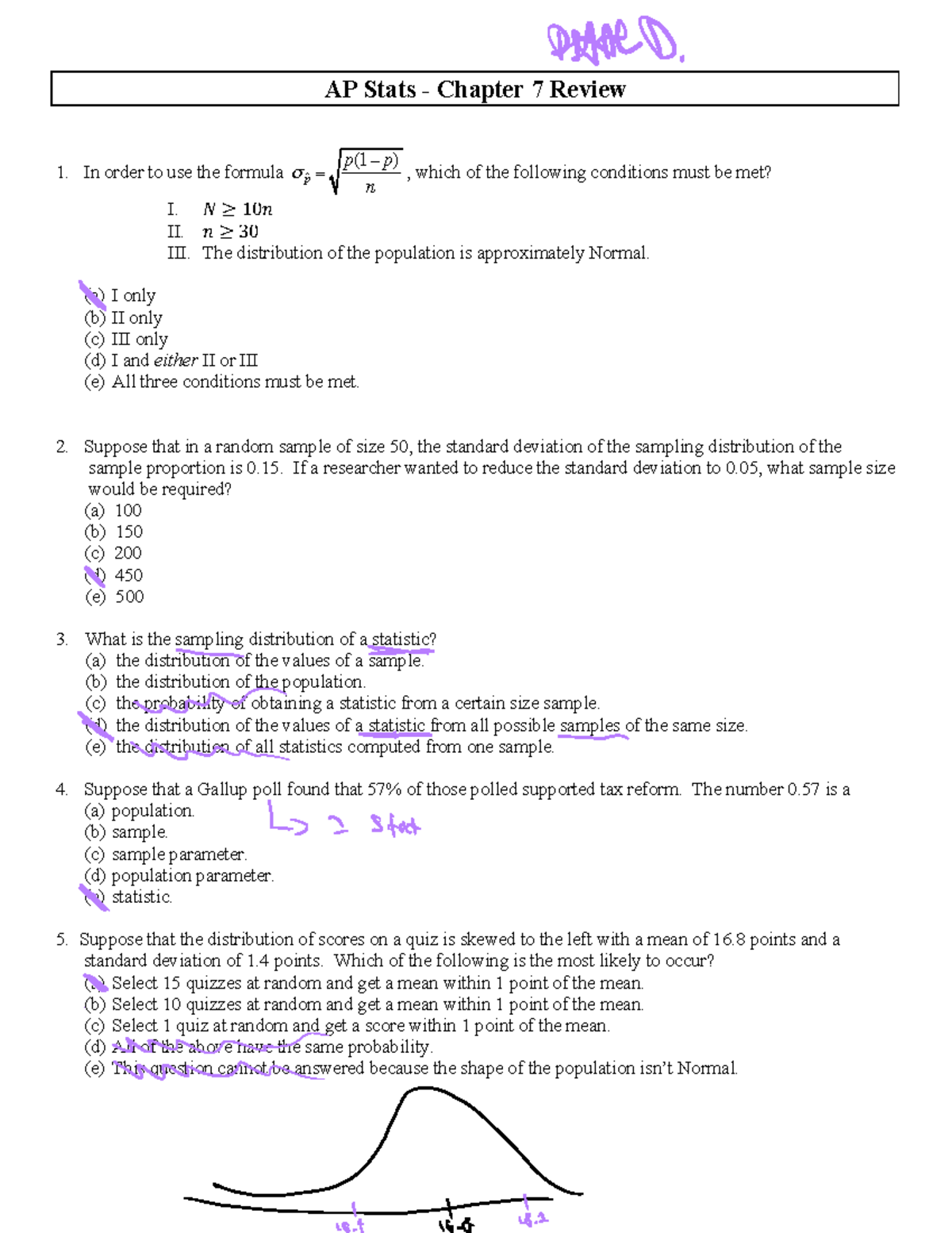 AP Stats - Chapter 7 In-Class Review Questions and Answers - Studocu