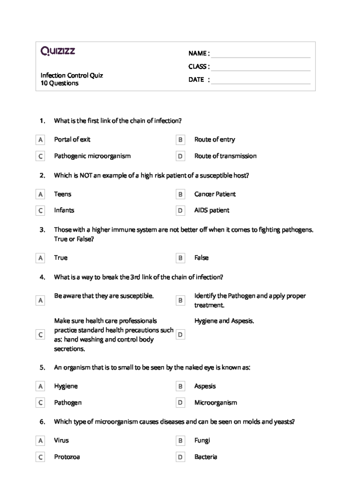Quizz of The Chain of Infection - Infection 10 Questions Control Quiz ...