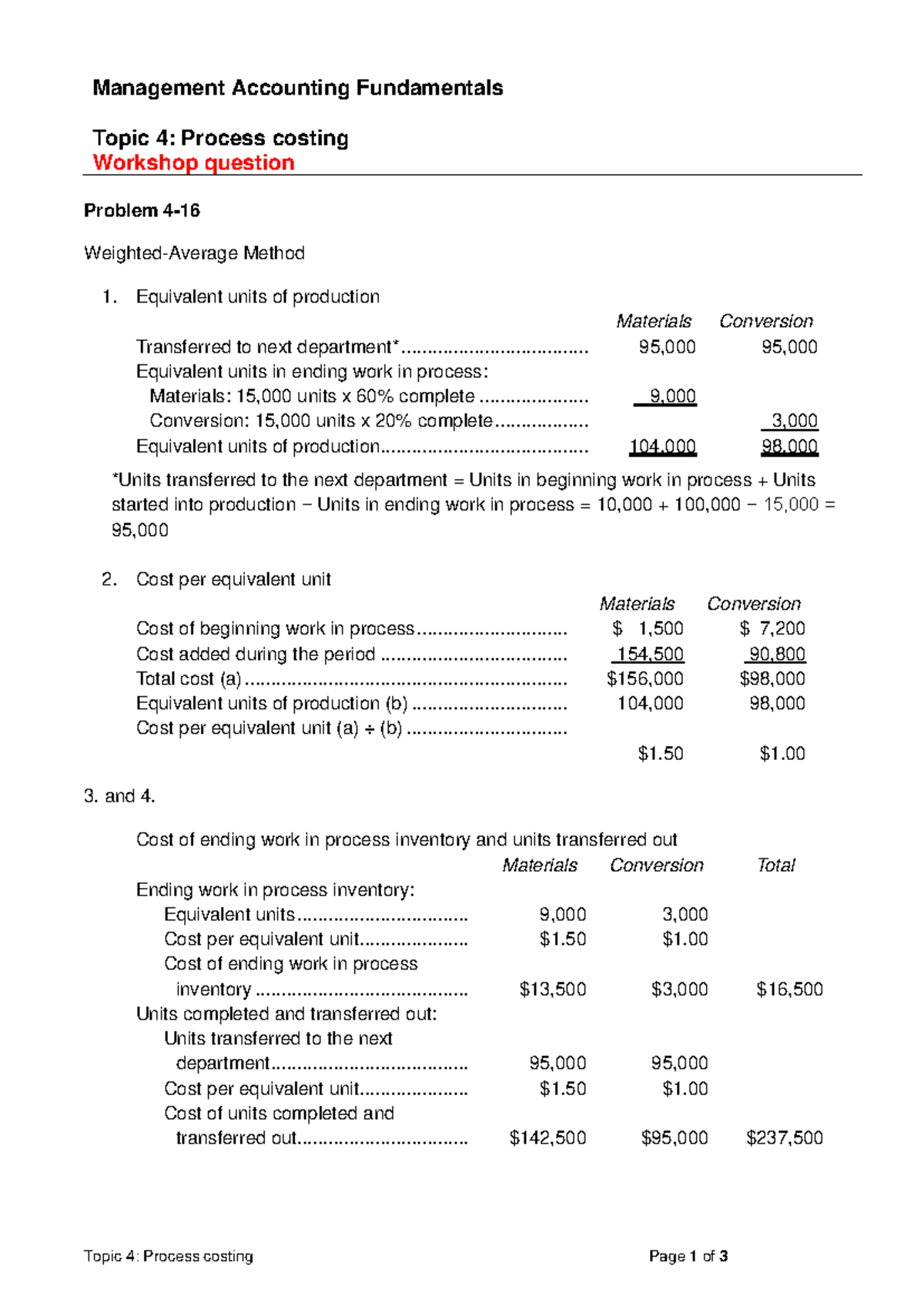 Management Accounting (MGT 101) Topic 4: Process Costing Workshop Notes ...