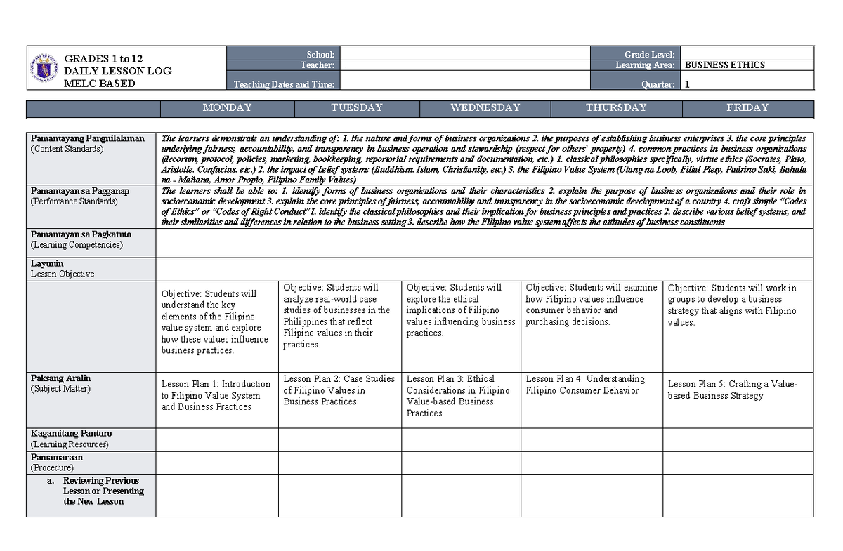 WEEK 6 LESSON LOG: BUSINESS ETHICS 1 (MELC BASED) - Studocu