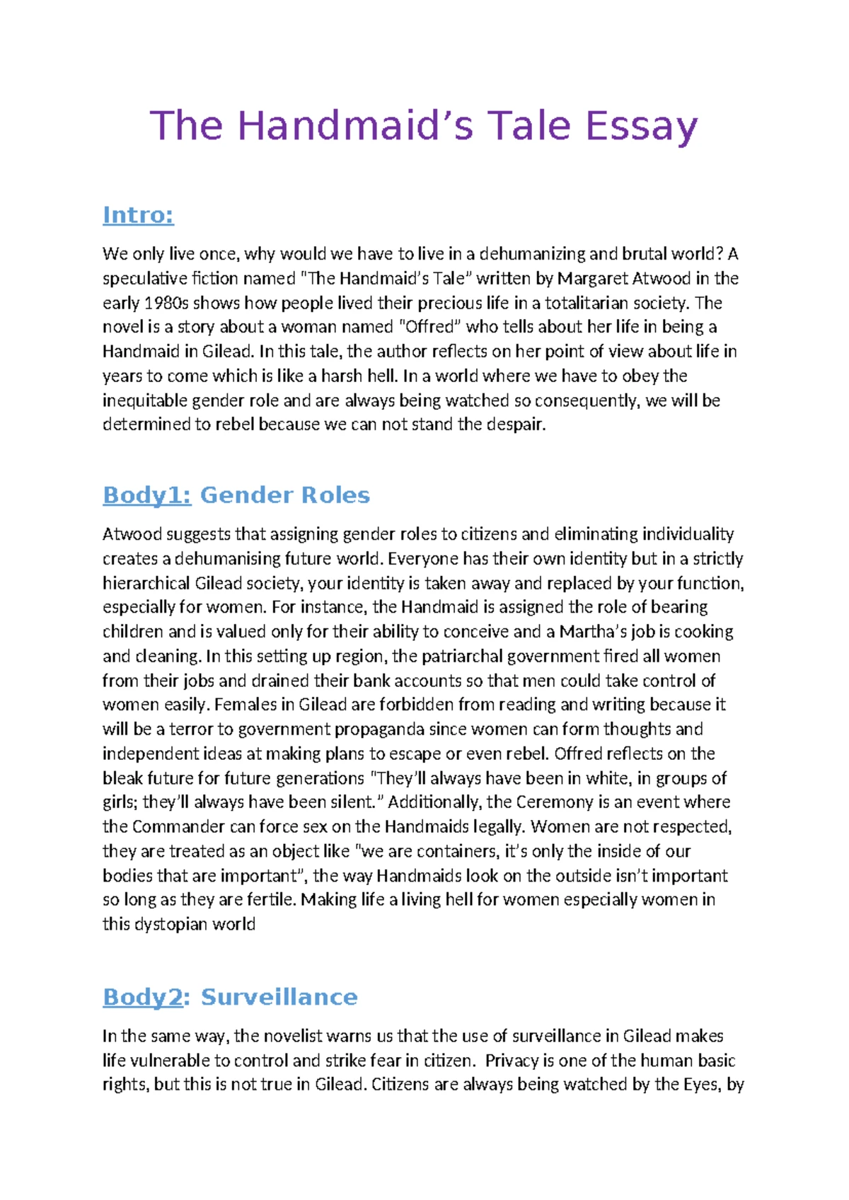 Essays on The Handmaid's Tale and Blade Runner Dystopian Themes - Studocu
