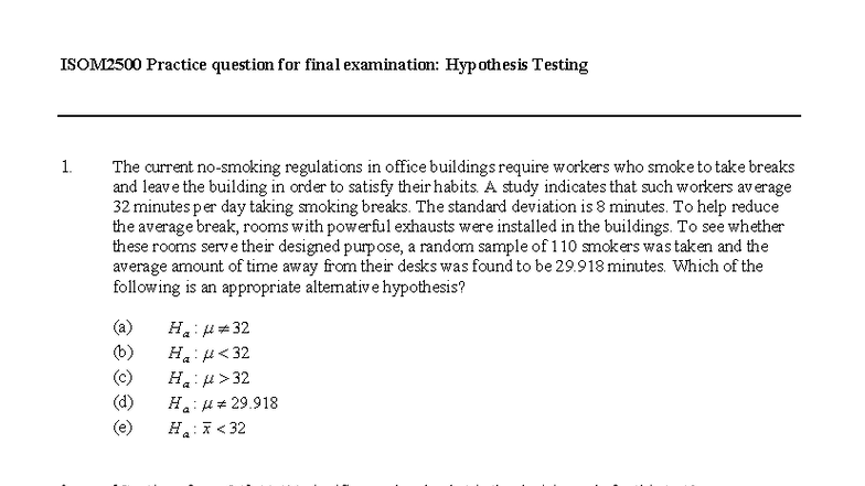 ISOM2500 Final Exam Practice Questions: Hypothesis Testing - Studocu
