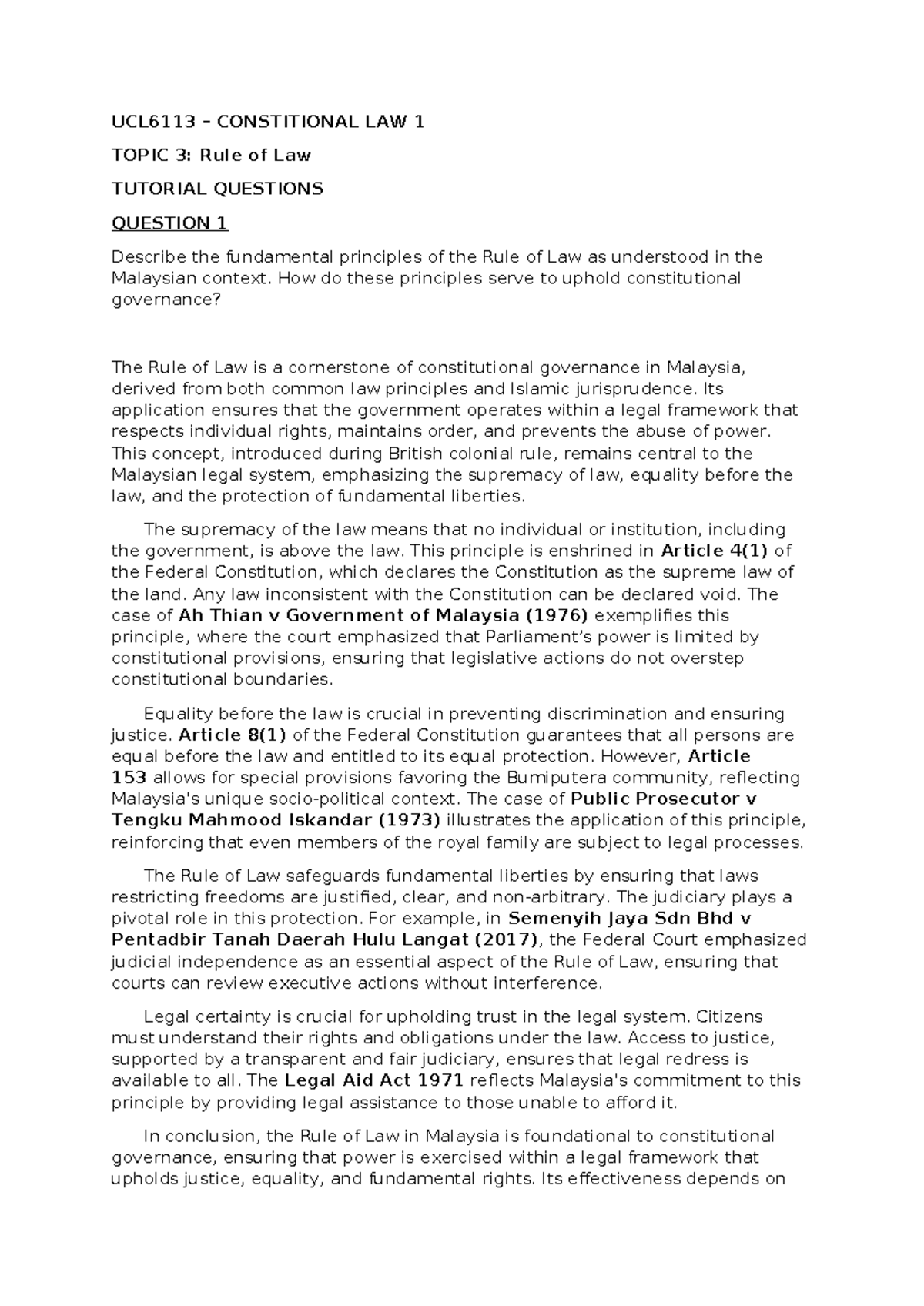 UCL6113 - Tutorial 3: Rule of Law & Human Rights in Malaysia - Studocu