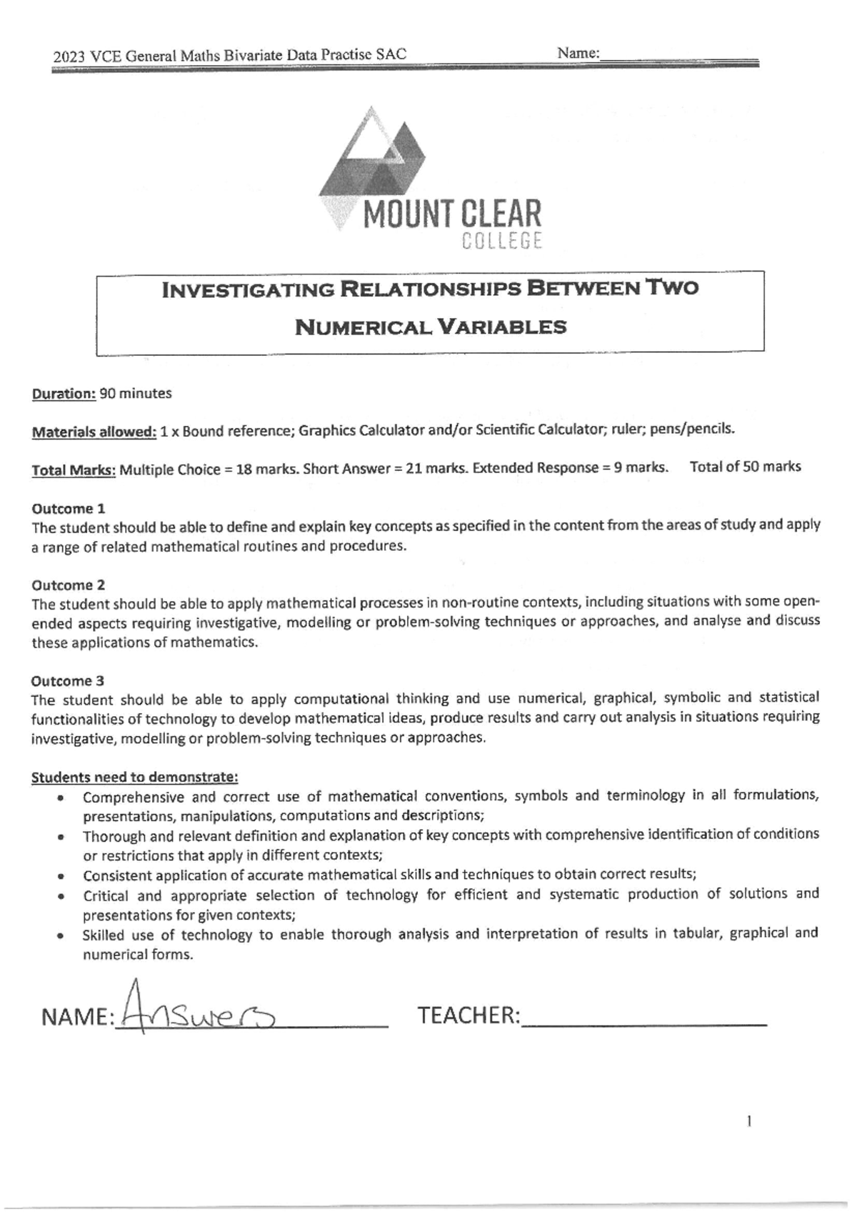 2023 VCE General Maths Bivariate Data Practice SAC Answers - Studocu