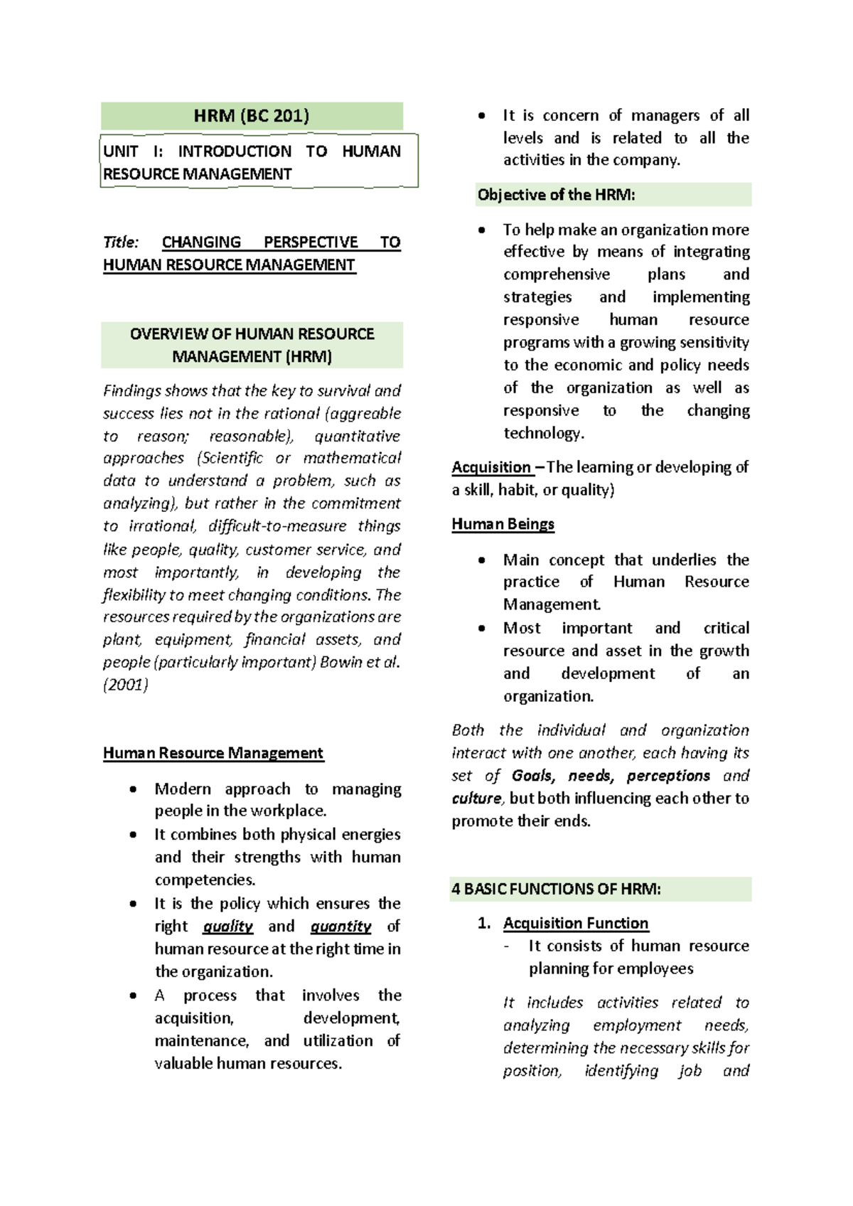 HRM BC 201 - Unit 1: Intro to Human Resource Management Overview - Studocu