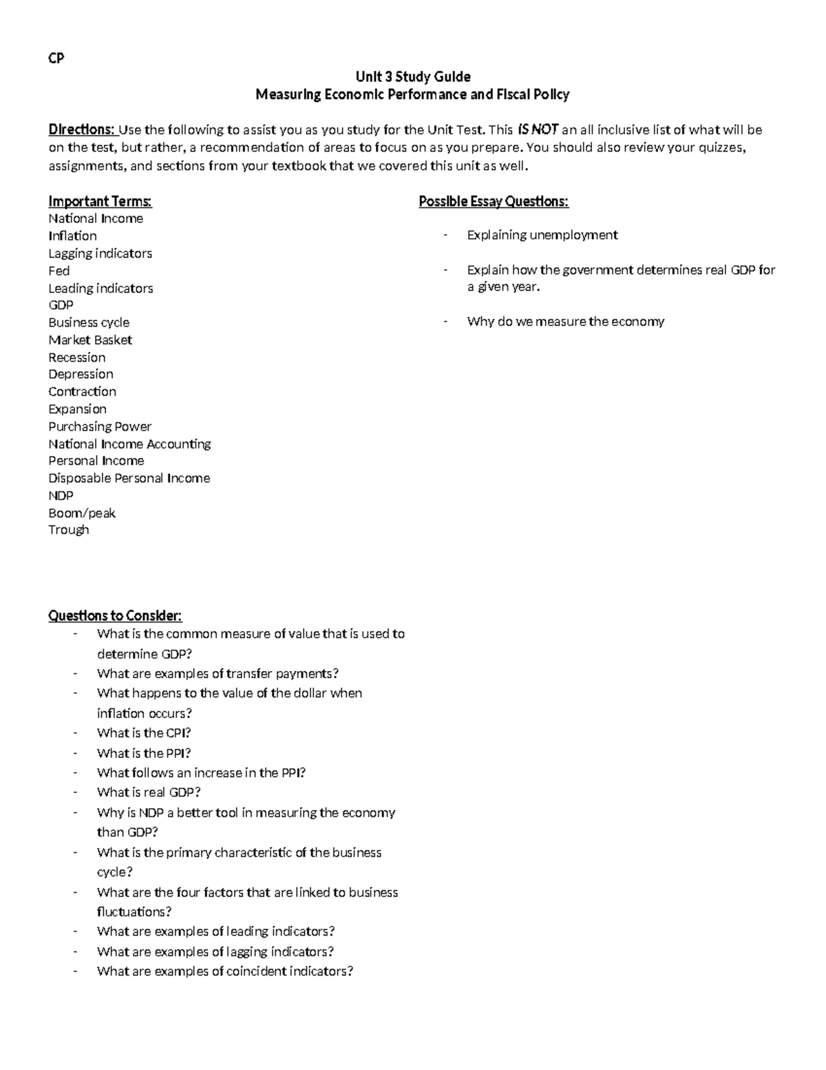 Unit 3 Study Guide: Economic Performance & Fiscal Policy Review - Studocu