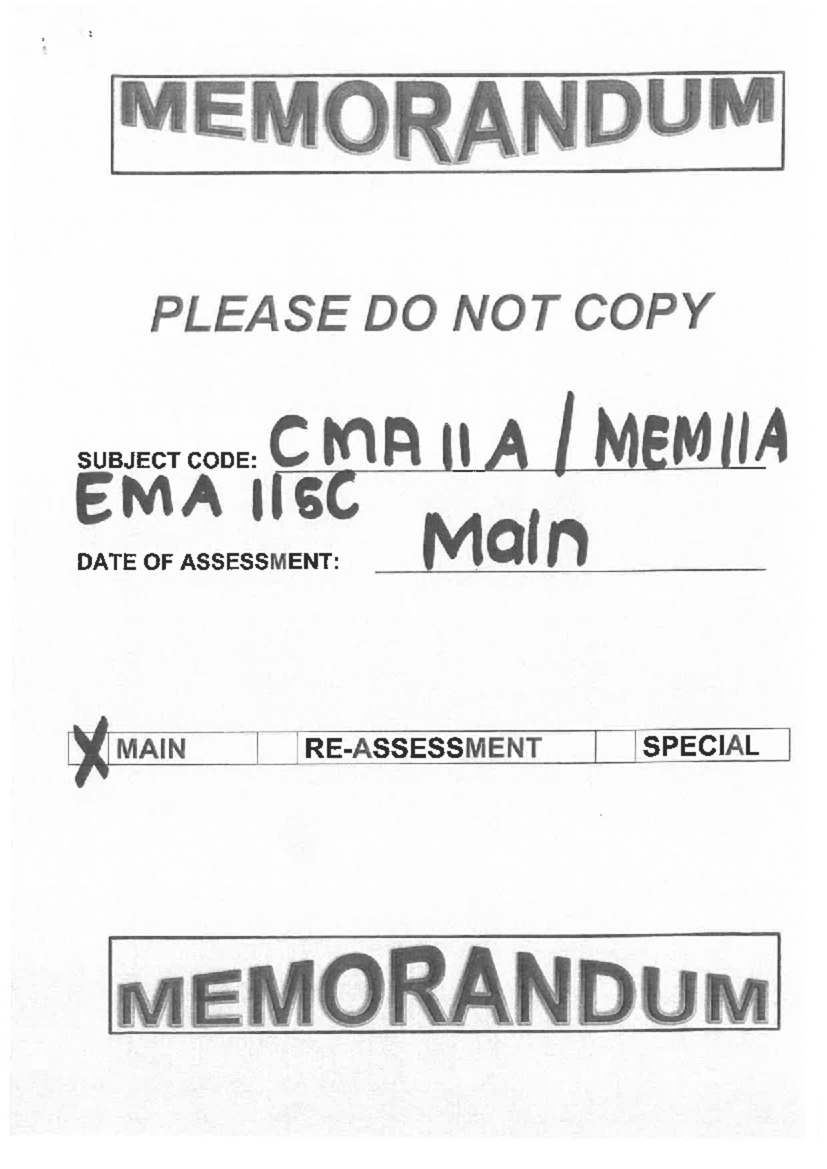 CMA11A Engineering Mathematics 1 Main Assessment Memo - Studocu