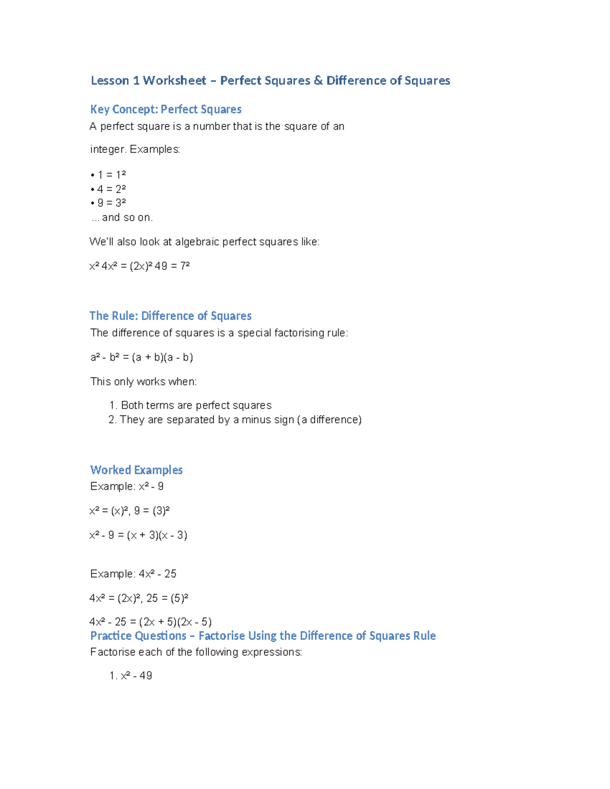 Year 9 Algebra Exam Revision: Perfect Squares & Factorising Techniques ...