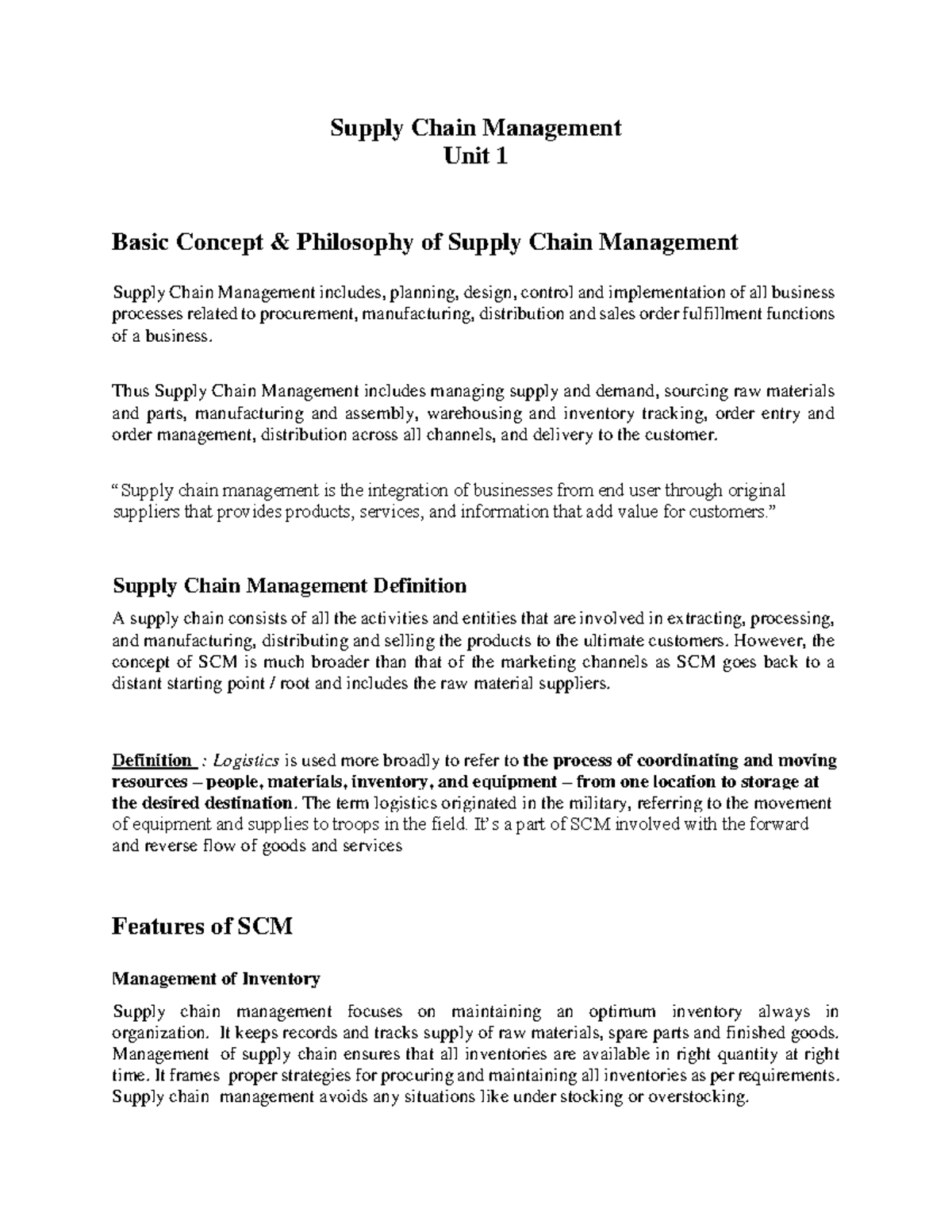 Supply Chain Management Notes (SCM 101) - All Units Overview - Studocu