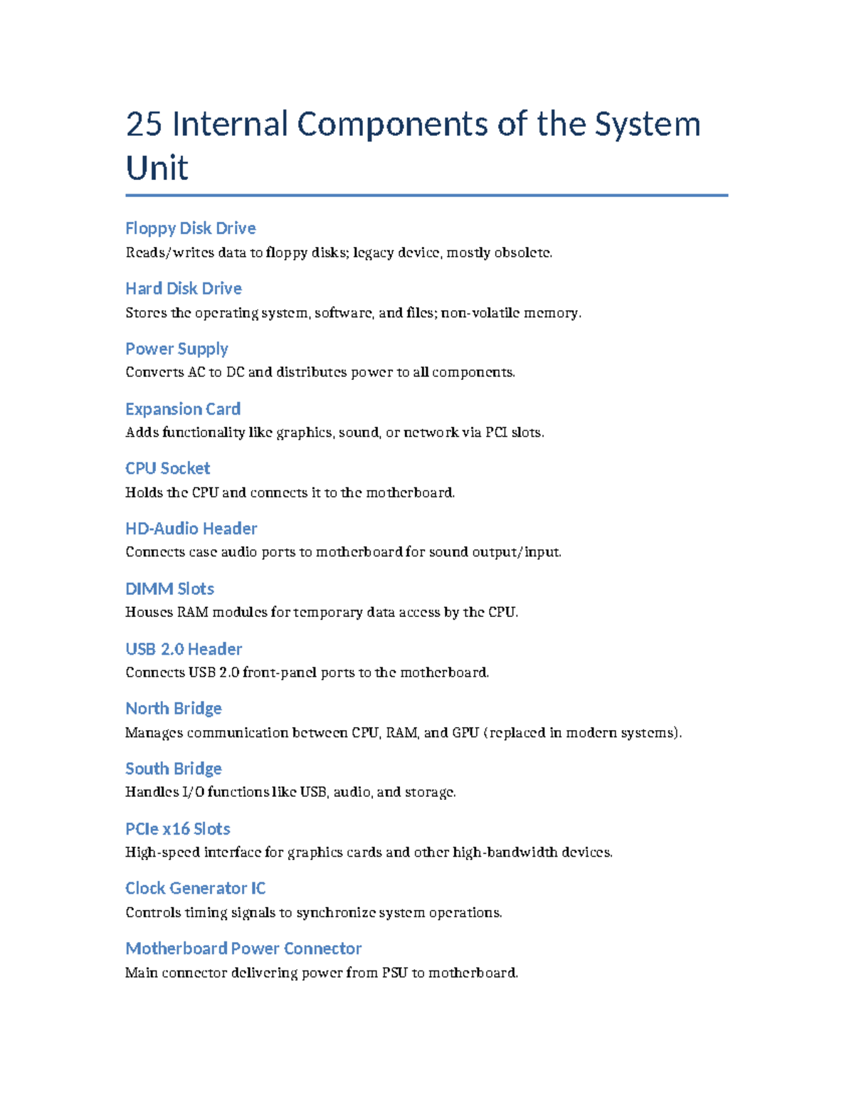 System Unit Internal Components Overview: Key Parts Explained - Studocu