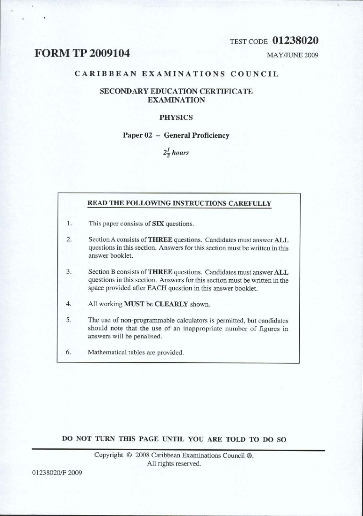 CSEC Physics Paper 02 General Proficiency Exam 2009 - Studocu