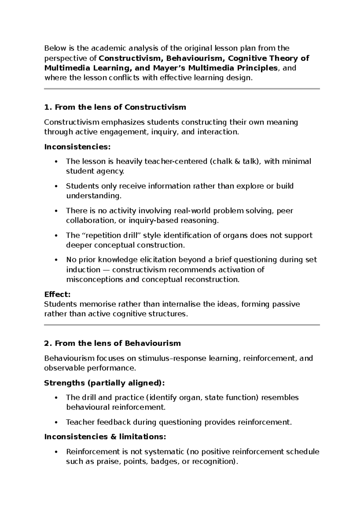 Analysis of Lesson Plan: Conflicts with Learning Theories (EDU101 ...