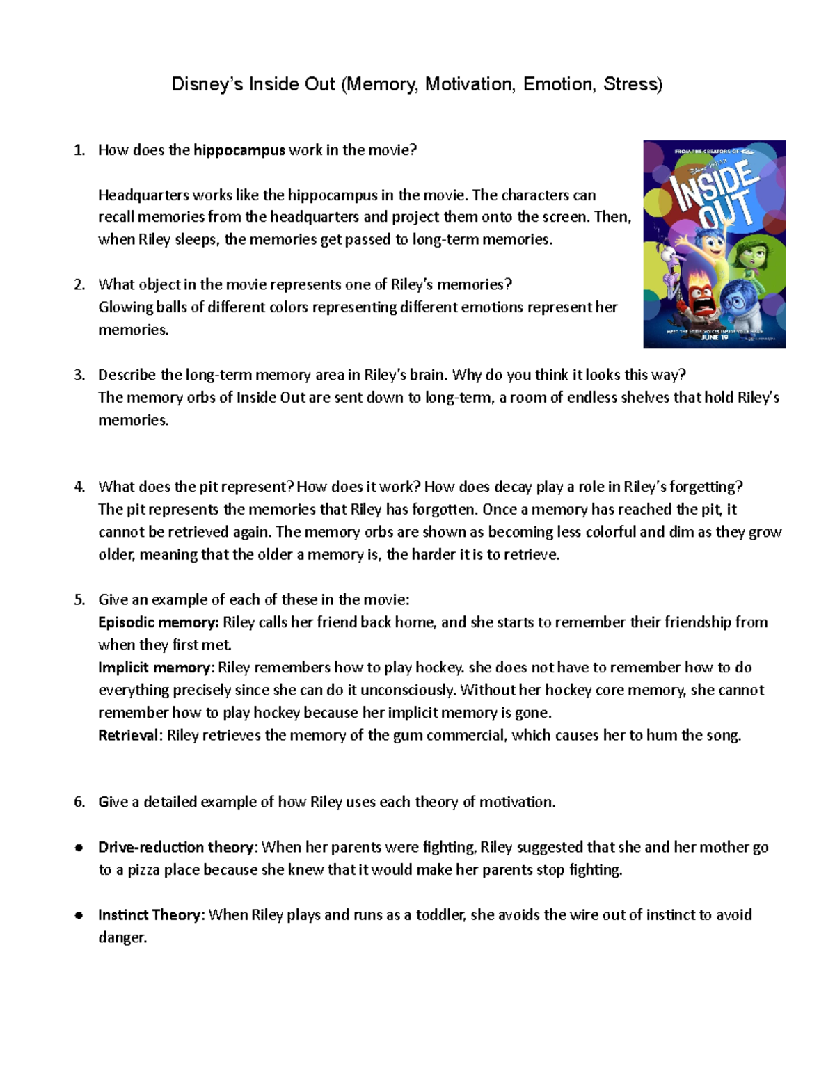 Inside Out Questions - Disney’s Inside Out (Memory, Motivation, Emotion ...