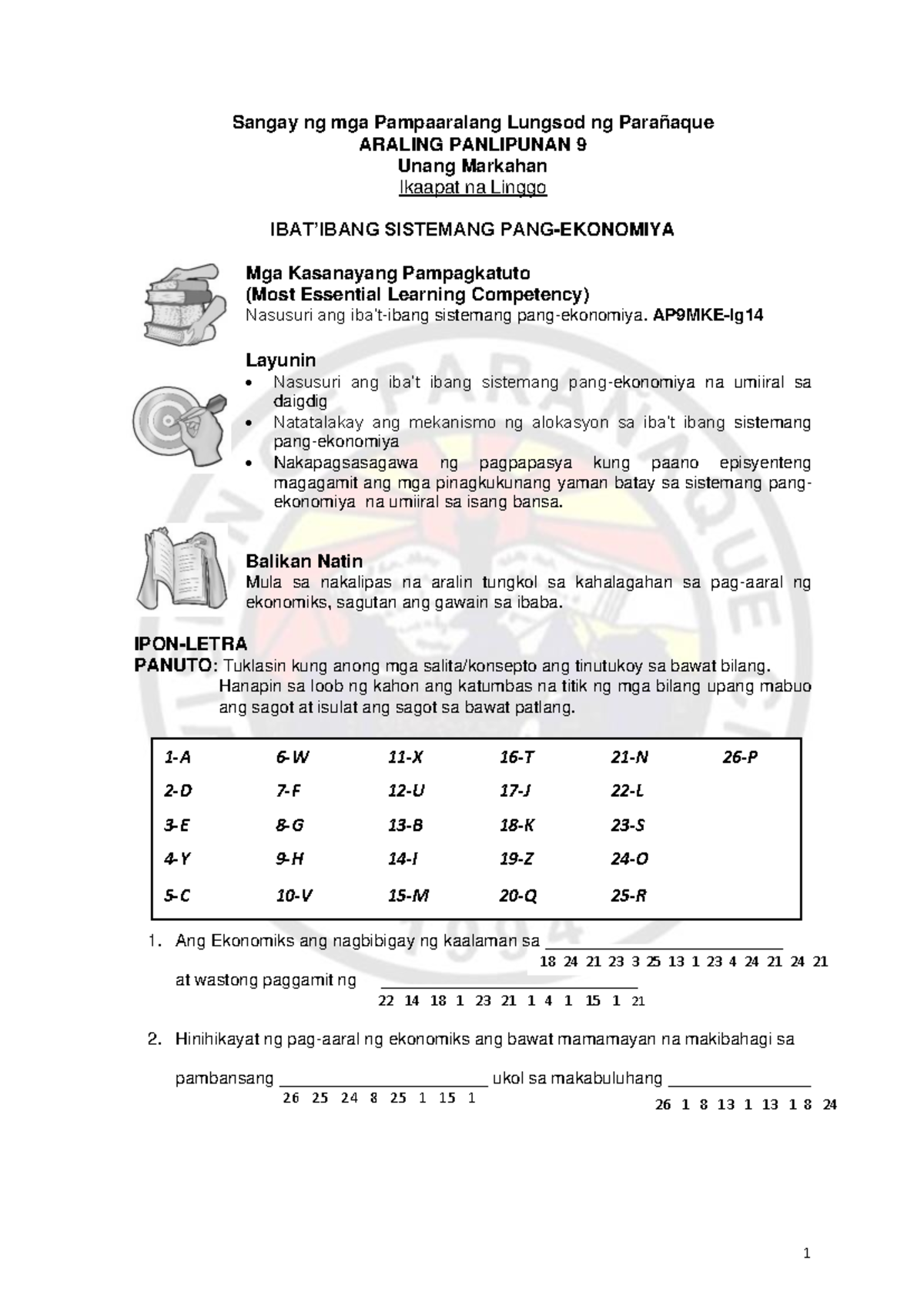 AP 9 Araling Panlipunan Quarter 1 Module: Week 4 on Economic Systems ...
