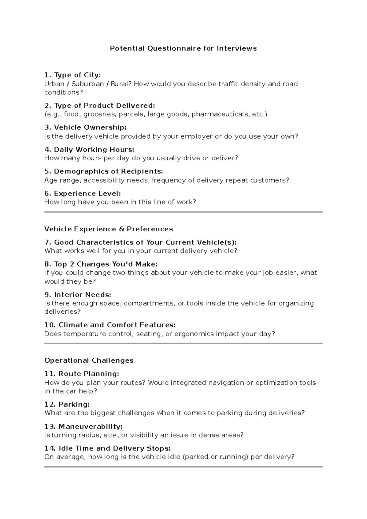 Questionnaire for Delivery Vehicle Interviews: Insights & Innovations ...