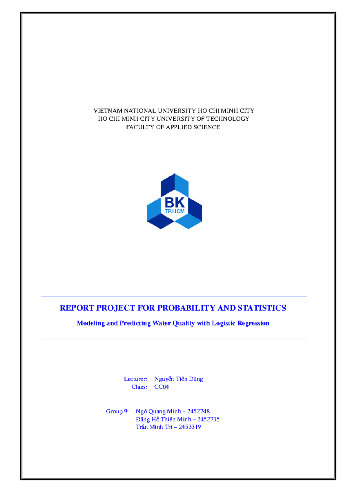 CC04 Final Report: Logistic Regression for Water Quality Analysis - Studocu