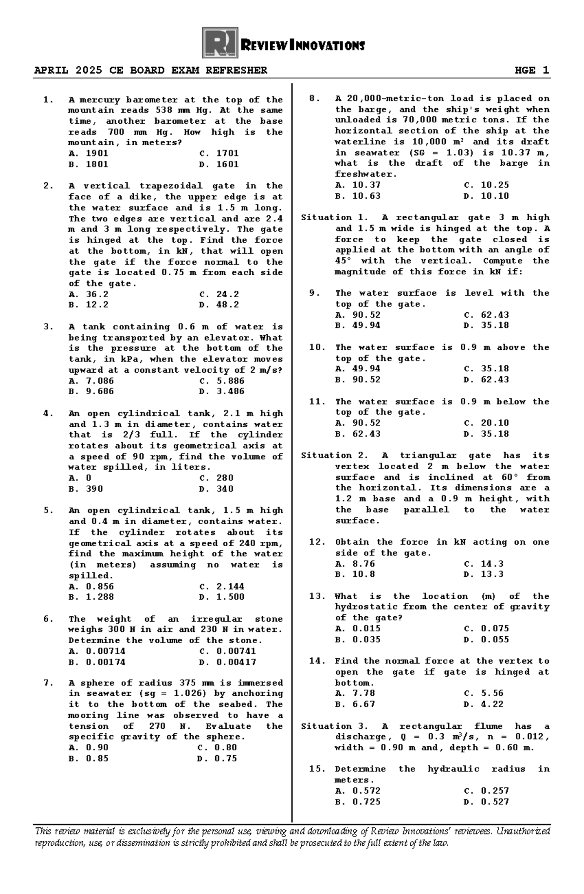 HGE 1 April 2025 CE Board Exam Review Problems - Studocu