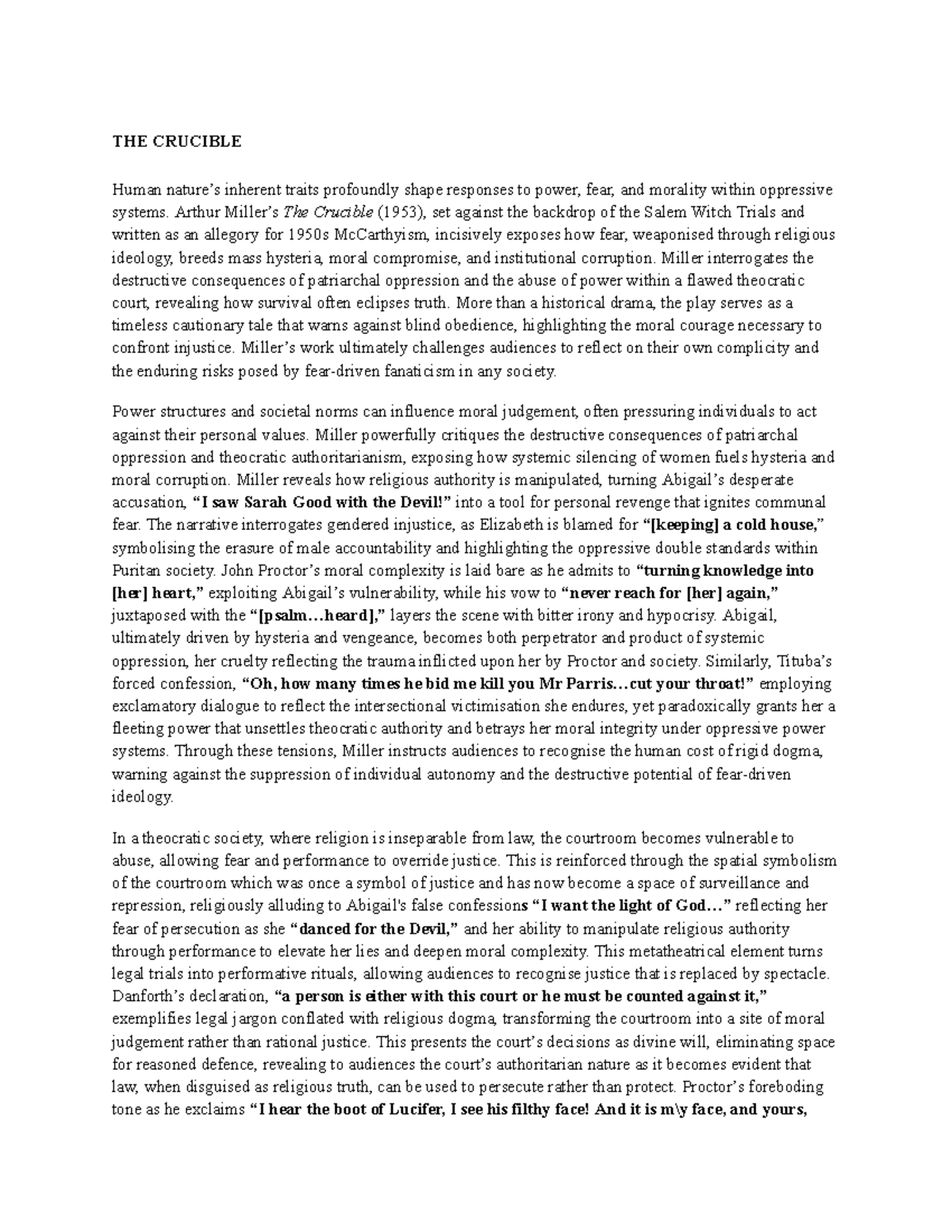 Arthur Miller - The Crucible (Common Module Essay Analysis) - Studocu
