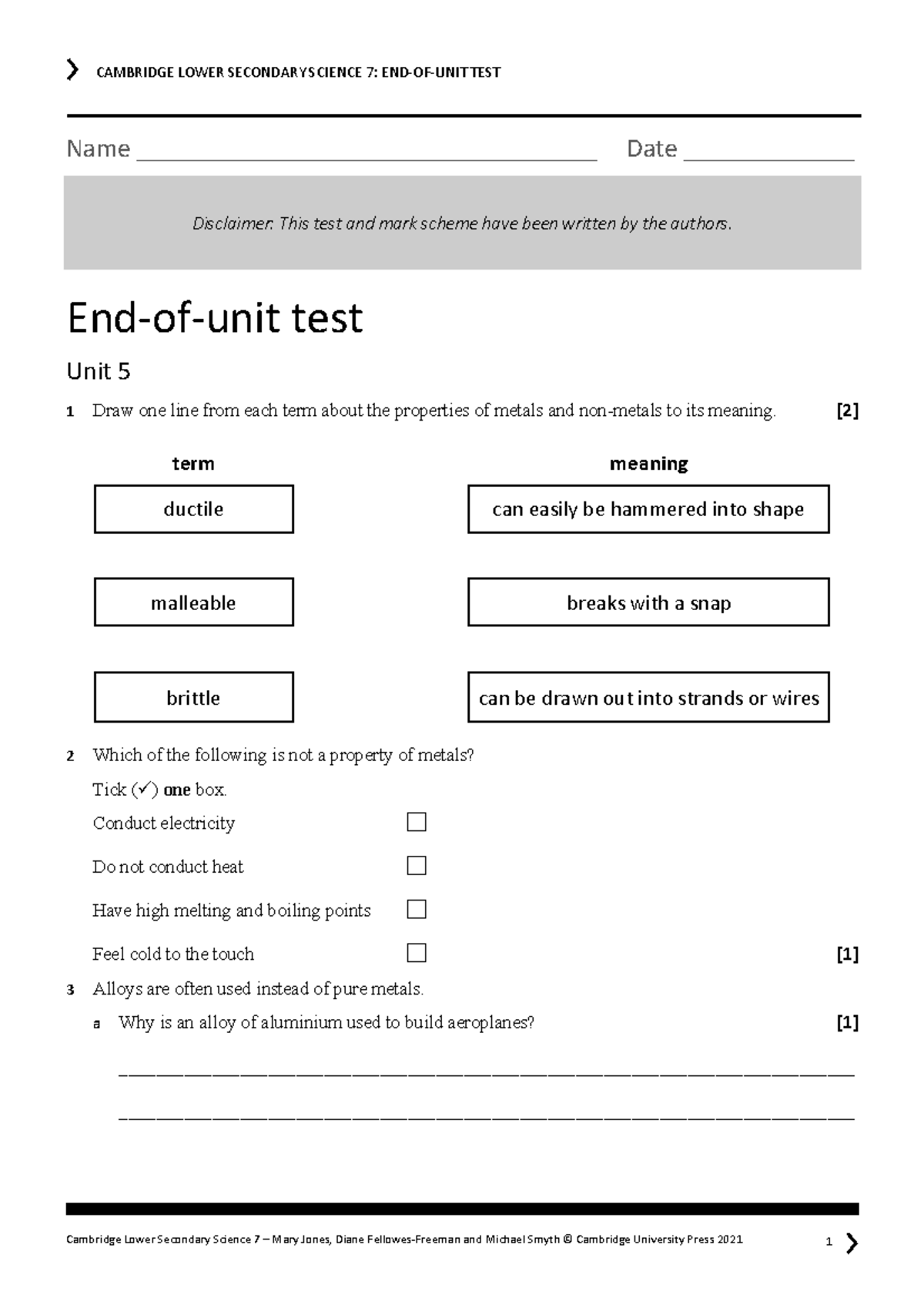 CAMBRIDGE LOWER SECONDARY SCIENCE 7: END OF UNIT TEST 5 - Studocu