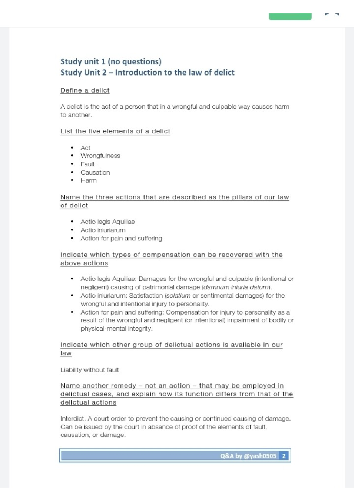 Delict Law Overview: Key Concepts and Legal Principles (Course Code ...