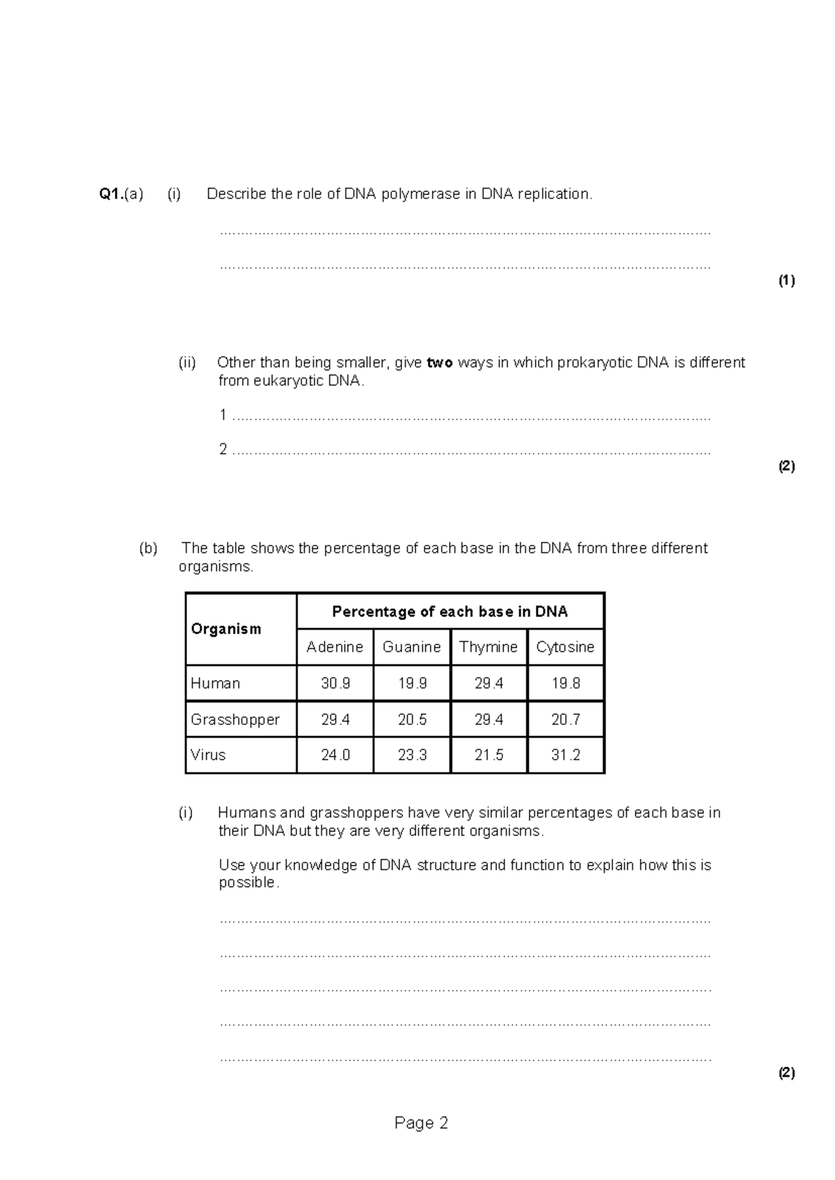Nucleic Acids - Structure and Replication QP: DNA Replication & Base ...