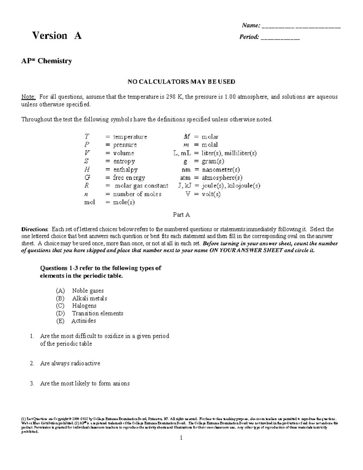 2008 AP Chemistry Exam Version A - Multiple Choice Questions - Studocu