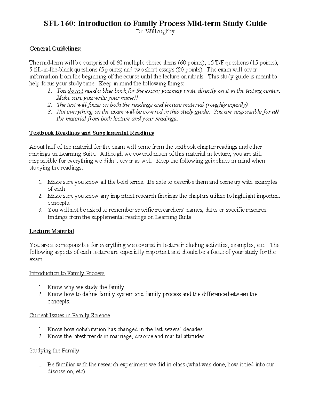 SFL 160: Midterm Study Guide for Introduction to Family Process - Studocu