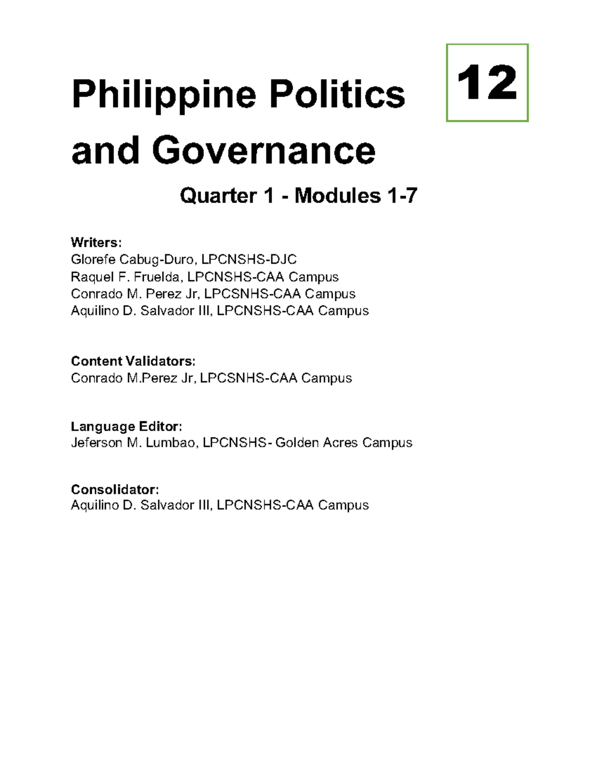 Polgov Quarter 1 Modules Weeks 1 7 1 1 - Philippine Politics and ...