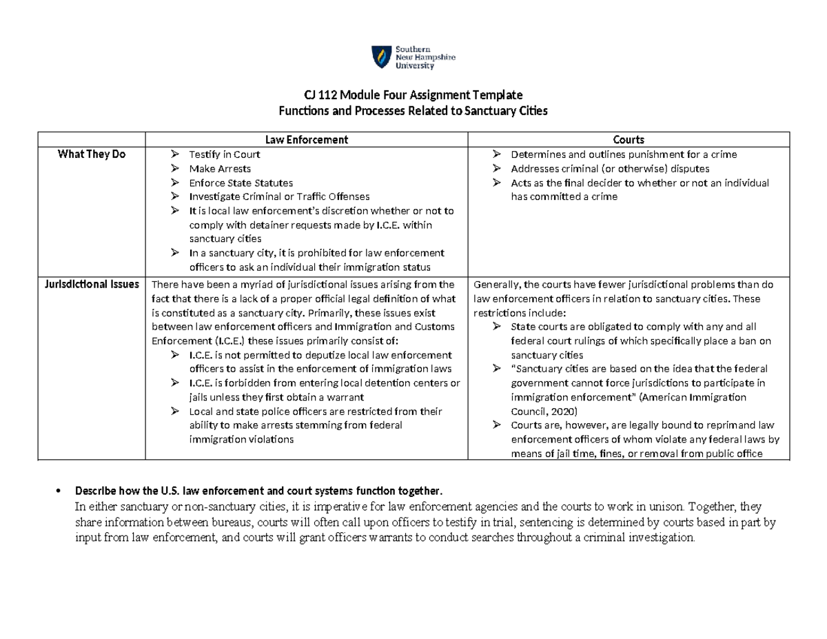 CJ 112 Module Four Assignment: Functions of Law Enforcement & Courts in ...