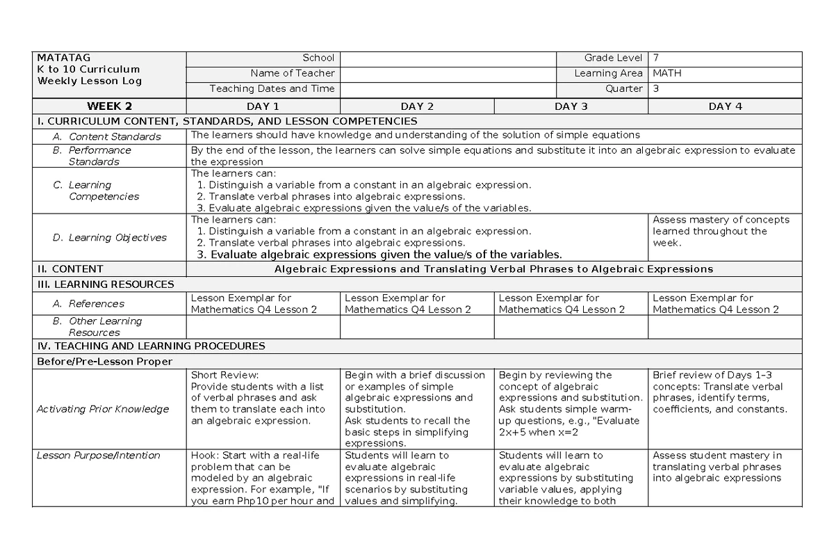 DLL Week 3 Q4 Mathematics 7 - Lesson Log on Solving Simple Equations ...