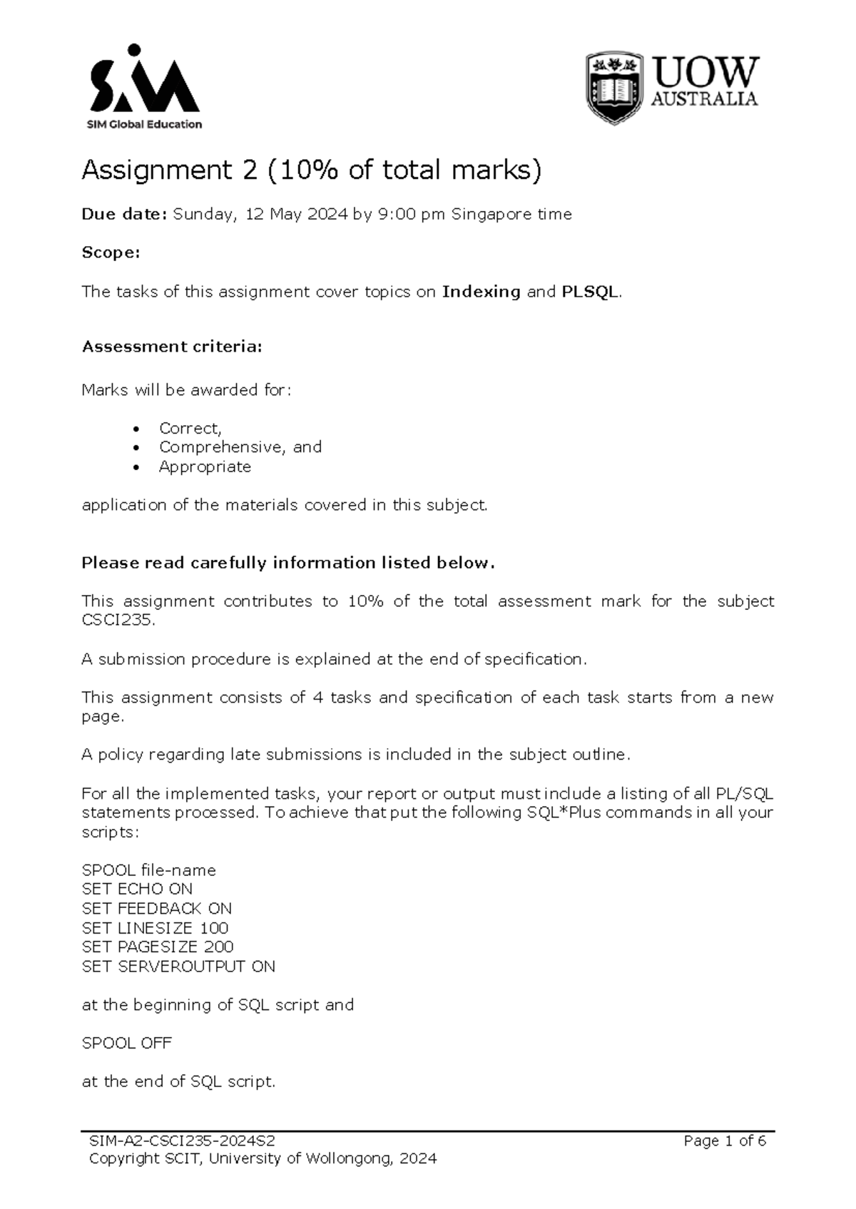 CSCI235 Assignment 2 Specification - Indexing and PL/SQL Tasks for 2024S2 - Studocu