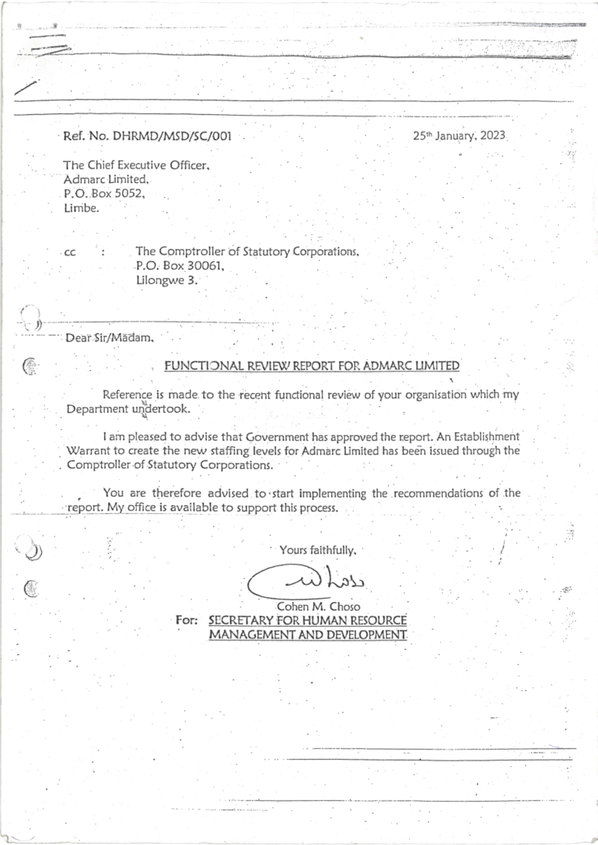 Functional Review and Establishment Warrant for Admarc LTD - Jan 2023 ...