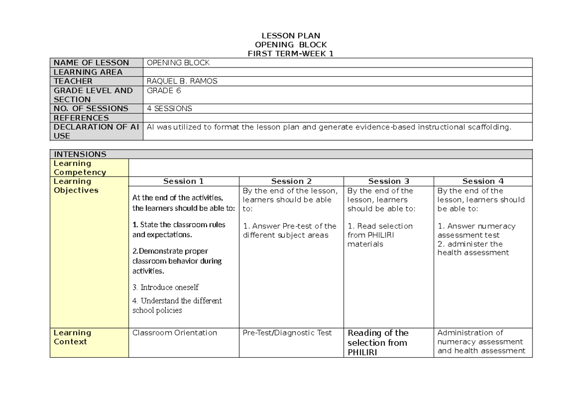Lesson Plan: Opening Block for Grade 6 (4 Sessions) - Studocu