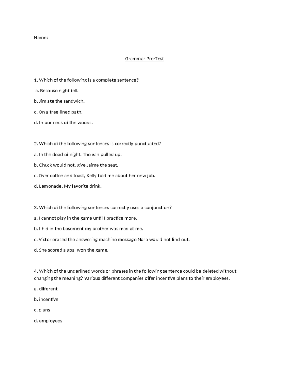 Grammar Pre-Test - its a grammer pre test with answers - Name: Grammar ...