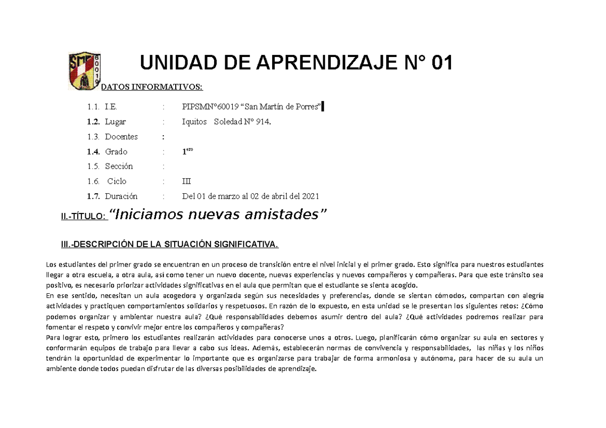 Unidad 1-2021 - UNIDAD DE APRENDIZAJE N° 01 I. DATOS INFORMATIVOS: 1. I. : PIPSMN°60019 “San ...
