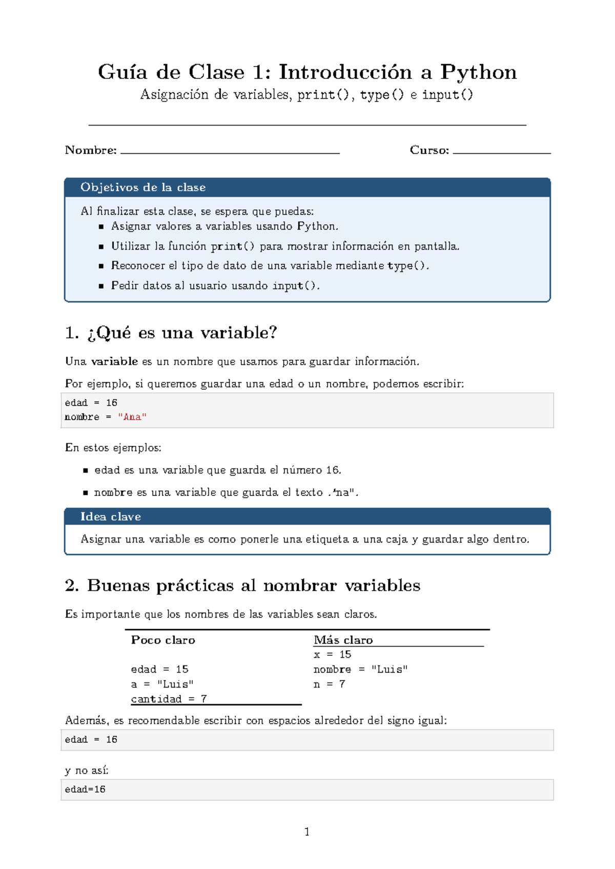 Guía de Clase 1: Introducción a Python - Variables y Funciones - Studocu