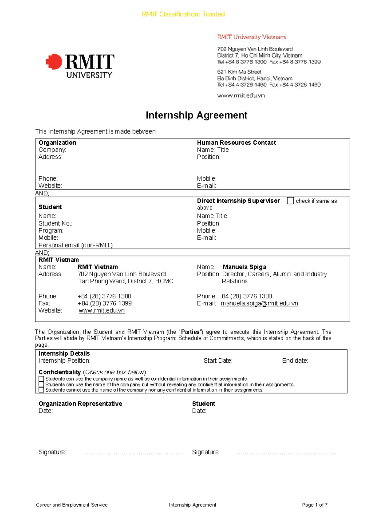 RMIT Internship Agreement: Trusted Internship Program Details - Studocu