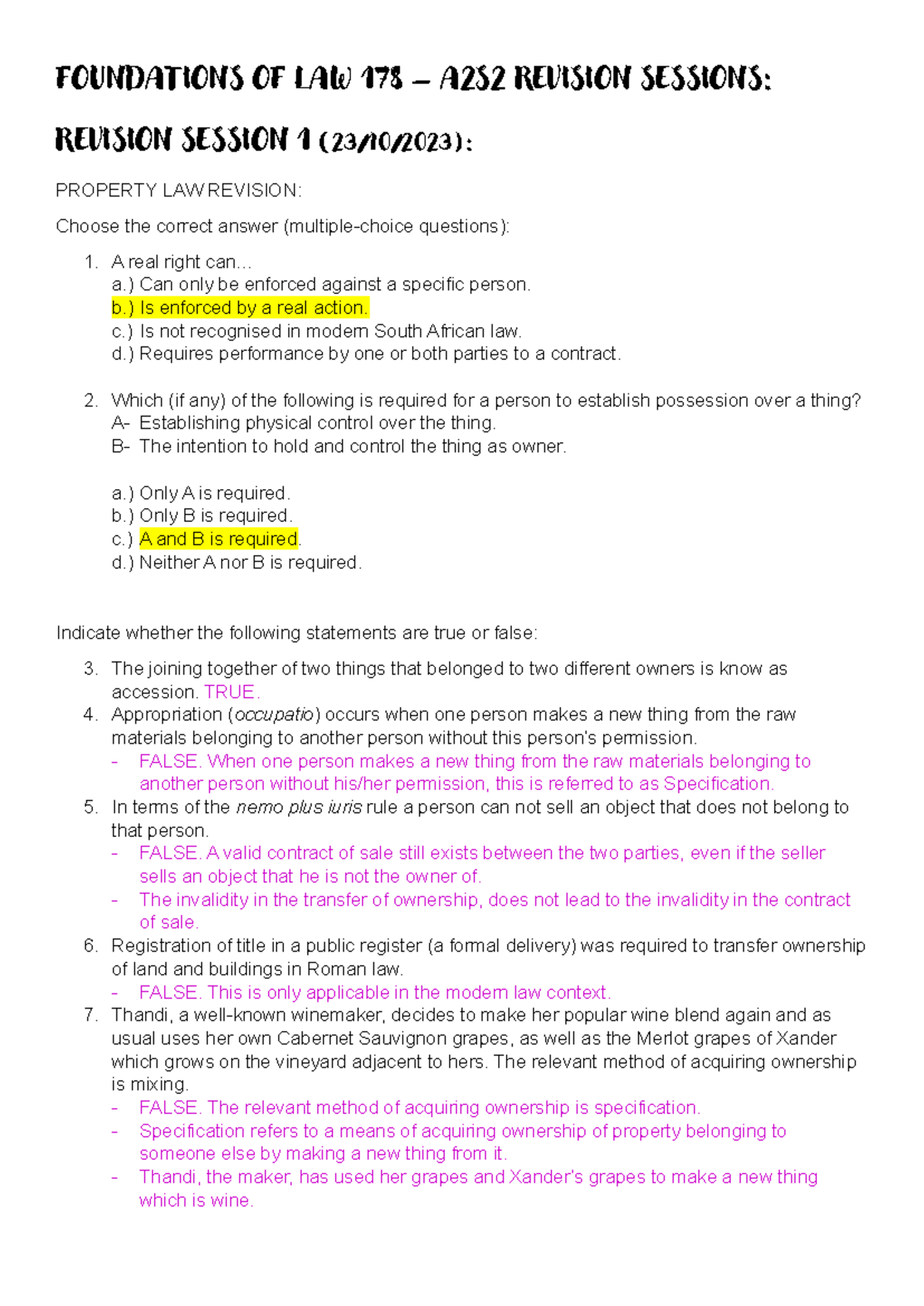 Foundations of Law 178 A2S2 Revision Session 1: Property Law Q&A - Studocu