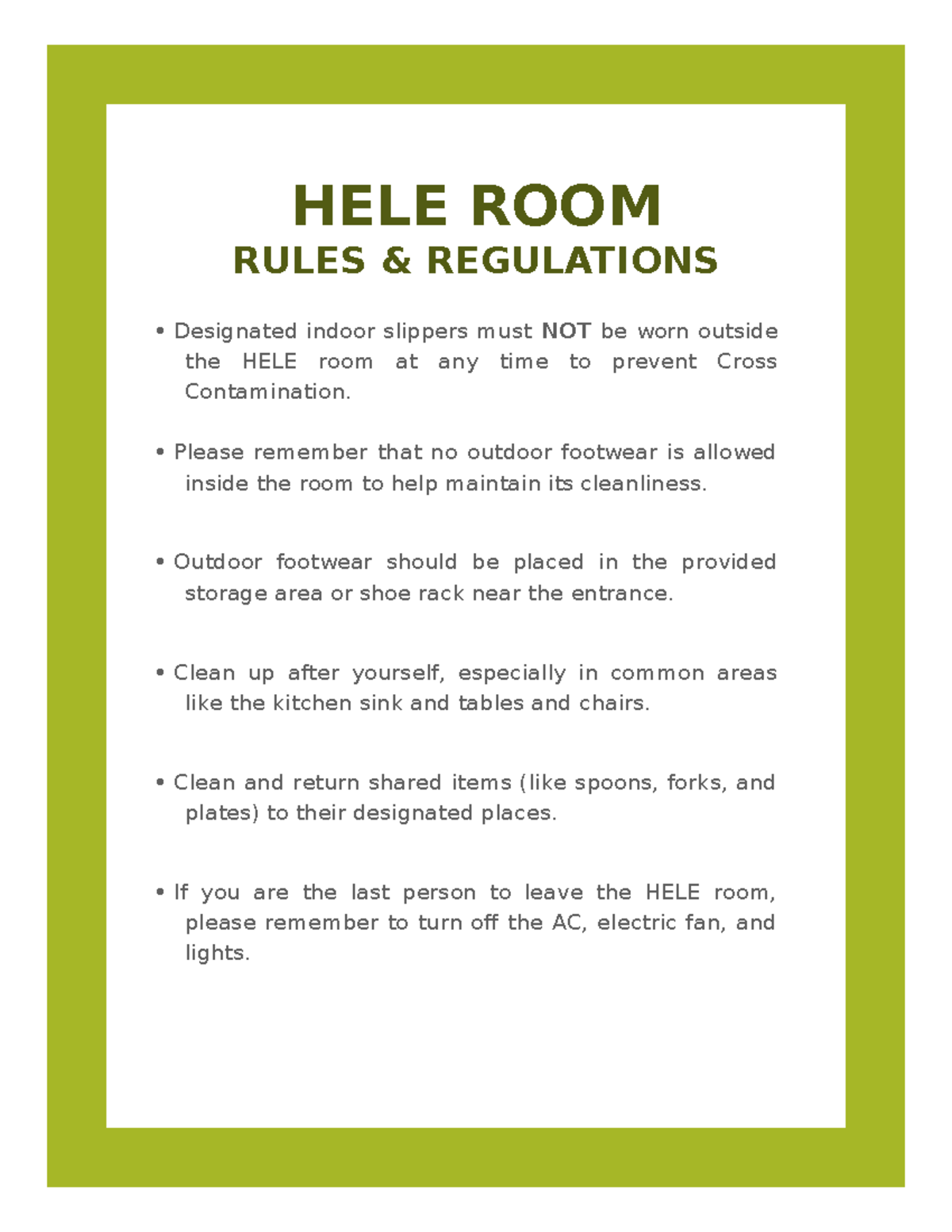 HELE Room Rules & Regulations for Cleanliness and Safety - Studocu
