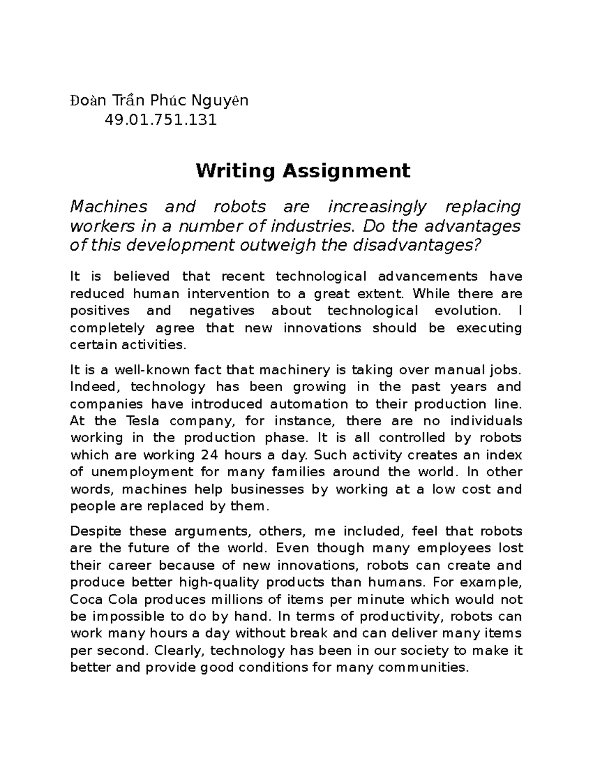 Writing Assignment - Đoàn Trần Phúc Nguyên 49.01. Writing Assignment ...