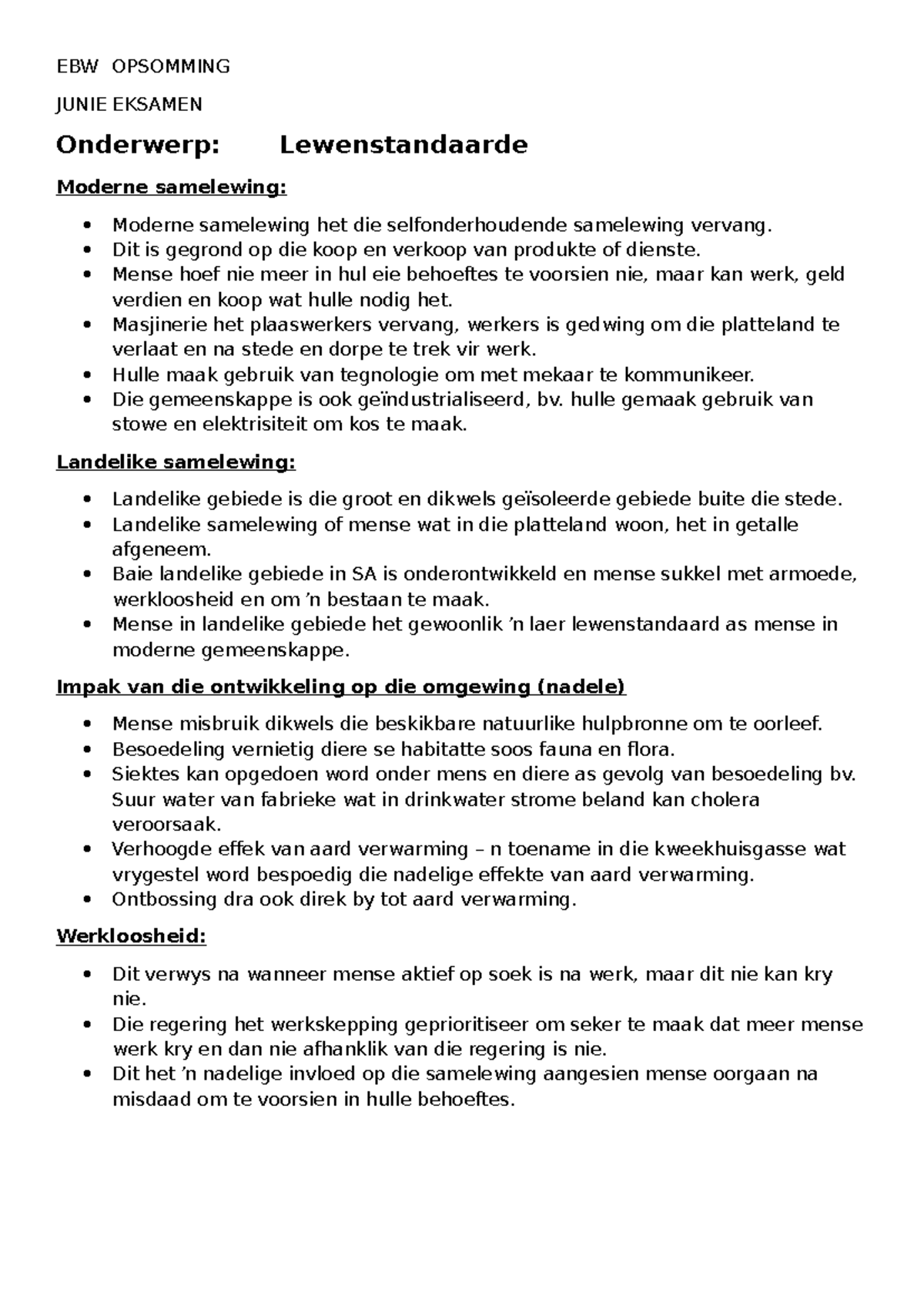 EBW OPSOMMING JUNIE EKSAMEN: Lewenstandaarde en Begroting - Studocu