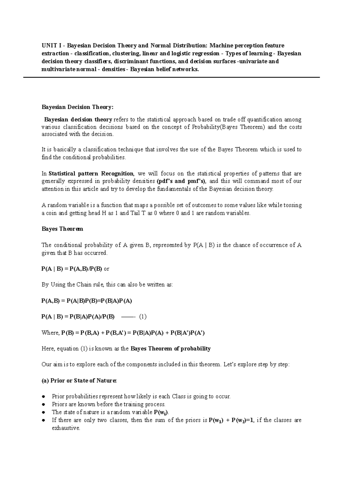 UNIT I - FML - DDDDDDDDDDDDDD - UNIT I - Bayesian Decision Theory and ...