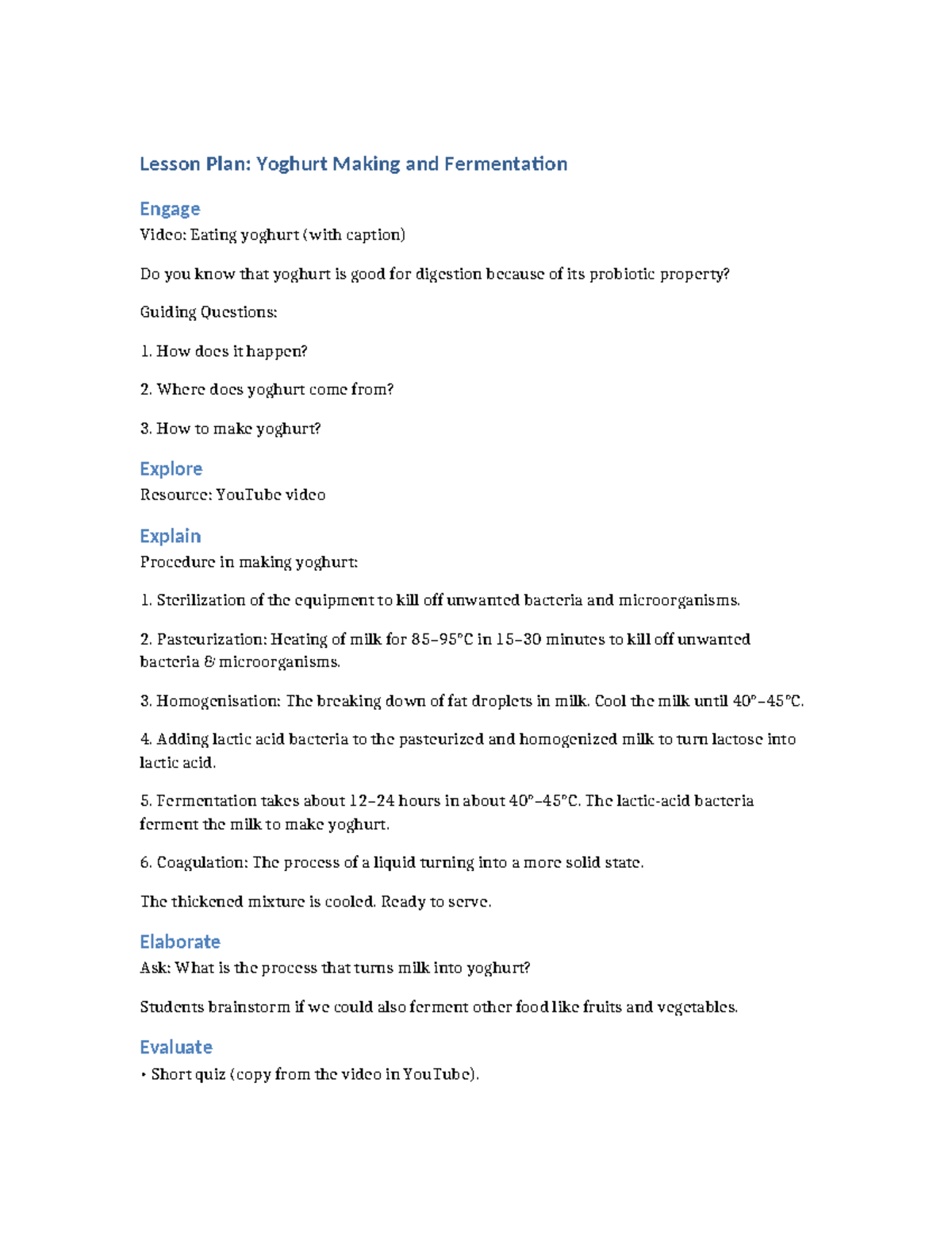 Yoghurt Making Lesson Plan: Engaging Students in Fermentation - Studocu